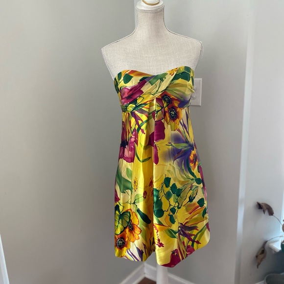 Cache | Dresses | Cache Vintage Yellow Silk Floral Strapless Bubble ...